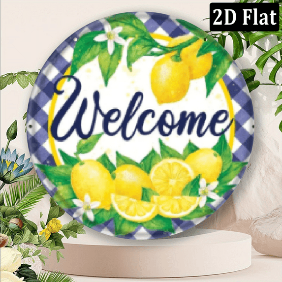 2D Flat, Room Decor Vintage Lemon Theme Welcome Sign - Round Iron Wall ...
