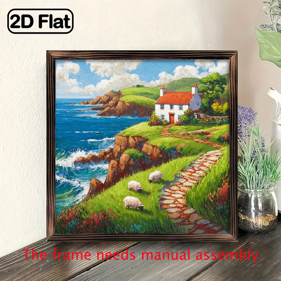 2D Flat - Rustic Coastal Cottage Scene Wall Art - 8x8 Inch Wooden Frame ...