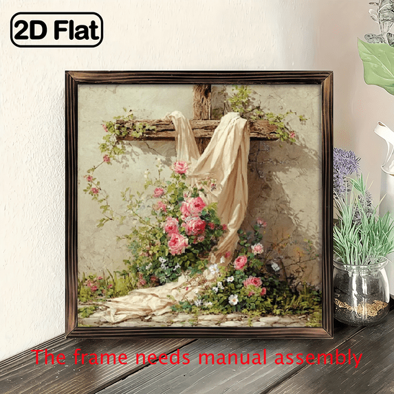 2D Flat, Rustic Cross Surrounded By Flowers Painting Wooden Art Sign ...