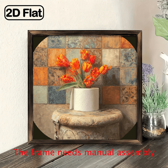 2D Flat, Rustic Farmhouse Floral Wood Wall Art - 8x8 Inch Wooden Framed ...