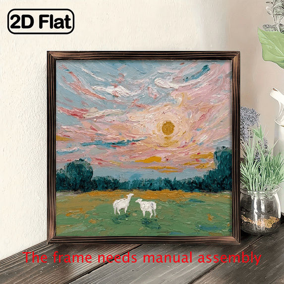 2D Flat, Rustic Farmhouse Sunset Painting on Wooden Plaque - 8x8 Inch ...