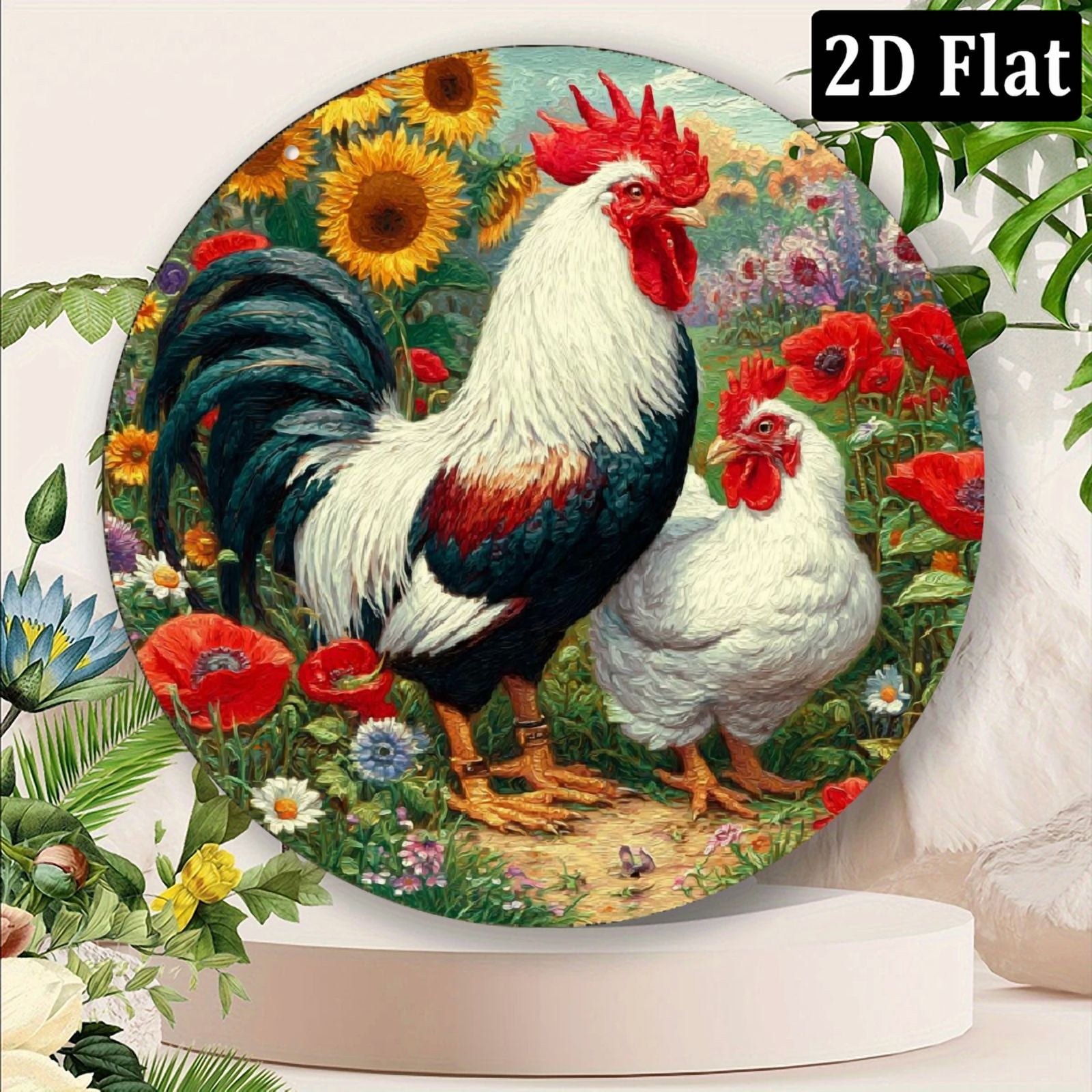 2D Flat, Rustic Rooster and Hen Metal Art Sign8x8 Inch, 2D Print ...