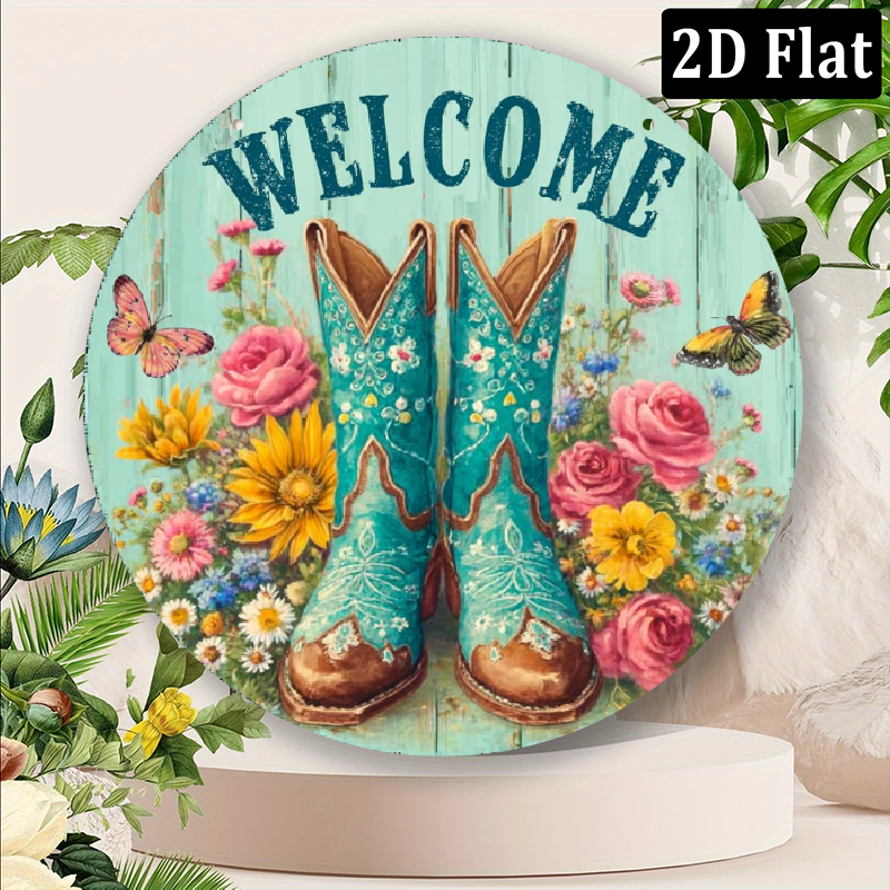 2D Flat Rustic Welcome Metal Sign with Cowboy Boots, Floral Butterfly ...
