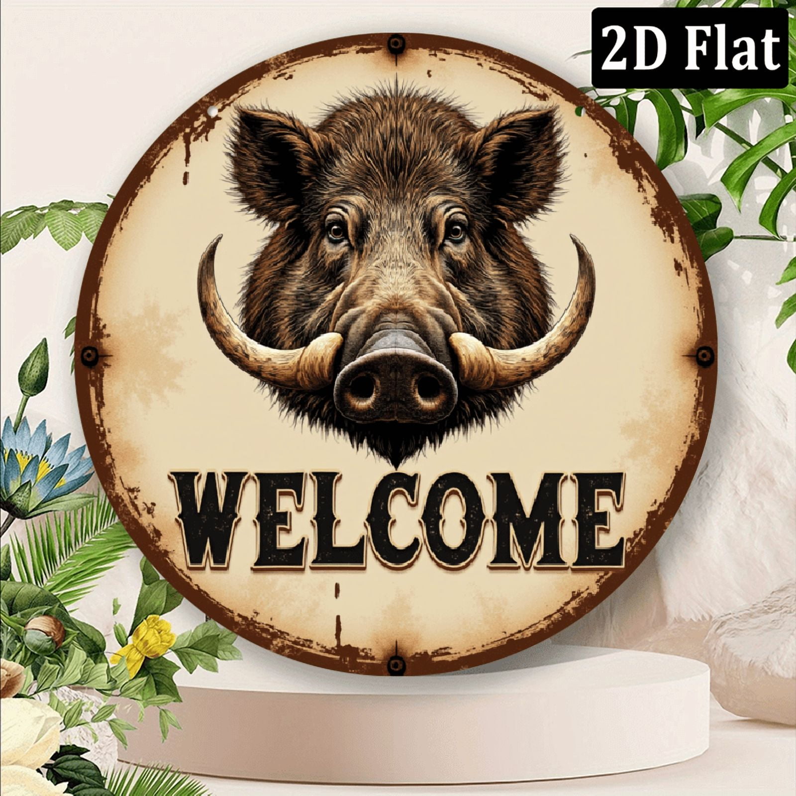 2D Flat, Rustic Wild Boar Welcome Sign - Round Aluminum Wall Decor with ...