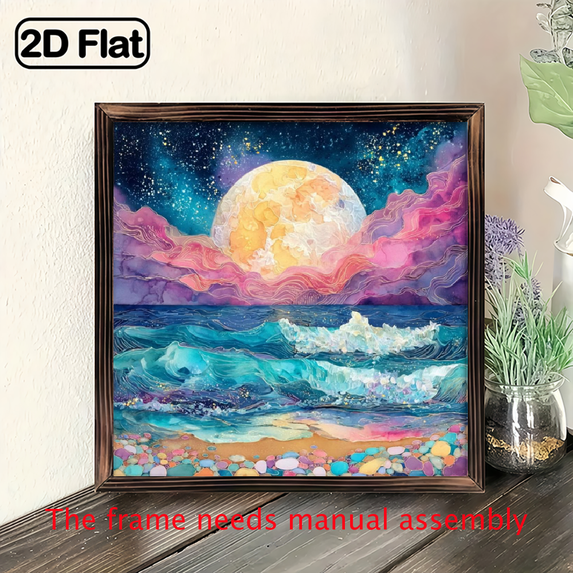 2D Flat Seascape Moonlight Waves Wooden Frame, 8x8 Inch Square Painting ...