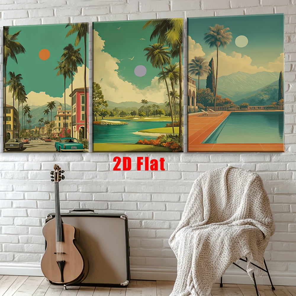 2D Flat Set of Three Frameless Canvas Paintings Featuring a Golf Course ...