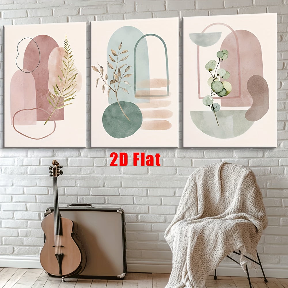 2D Flat Set of Three Frameless Canvas Paintings Featuring Modern Art ...