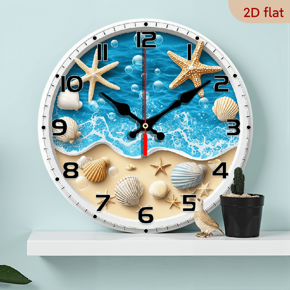 2D Flat, Shells on the beach Backdrop Clock - 10inch Wood Veneer Europe ...