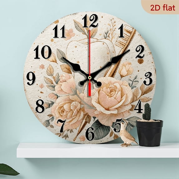 2D Flat, Silent Non-Ticking Wooden Wall Clock - Floral Dental-Themed ...