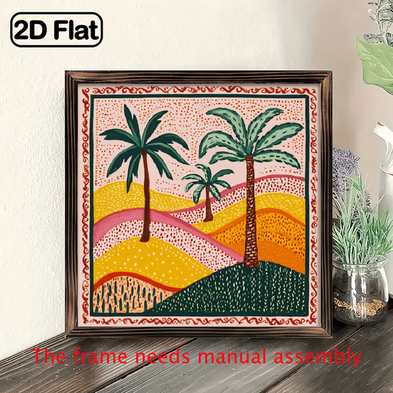 2D Flat, Single Palm Tree Desert Hills Print - Artificial Wood Framed ...