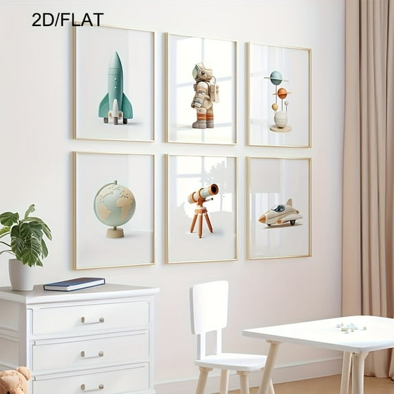 2D Flat, Space Themed Wall Art Deco Paintings, 6pcs Set Of 2d/flat ...