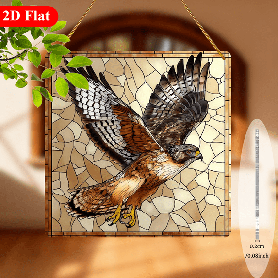 2D Flat, Stained Window Hanging - Vibrant Red Hawk in Flight Design ...