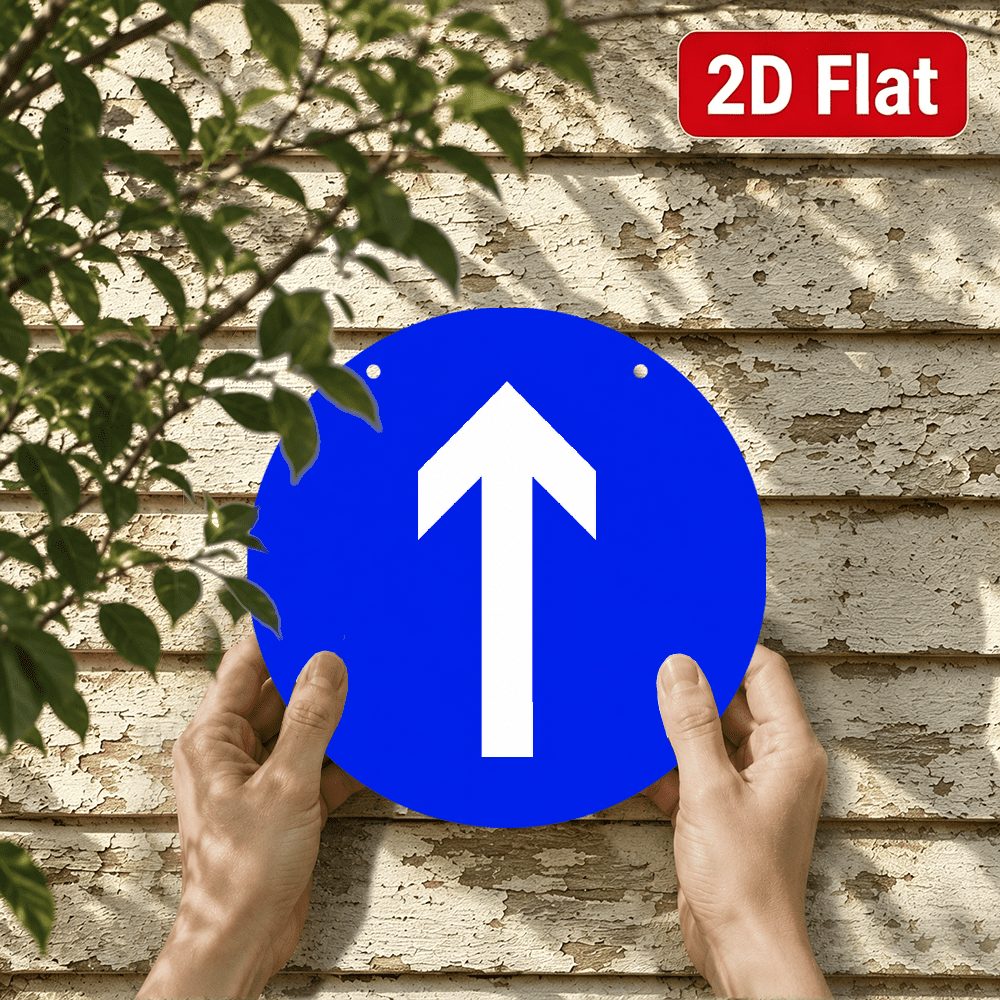 2D Flat, Straight Ahead Direction Round Aluminum Sign 8x8in, Blue White ...