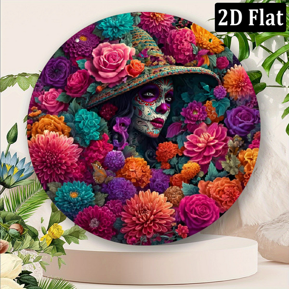 2D Flat, Sugar Skull Metal Sign - 8 Inch Round Vibrant Floral Wall Art ...
