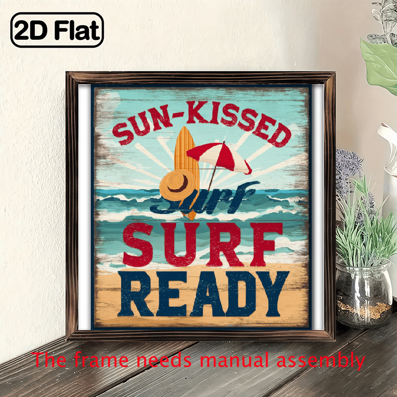 2D Flat Sun-Kissed Surf Ready 8x8in Rustic Distressed Wood Framed Sign ...