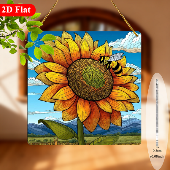 2D Flat, Sunflower Bee Acrylic Suncatcher - 8x8 Inch Vibrant Garden ...