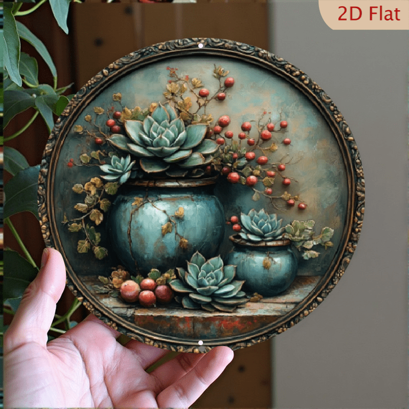 2D Flat Surface, 1pc, Three-pot Succulent Plant Sign Theme, Round ...