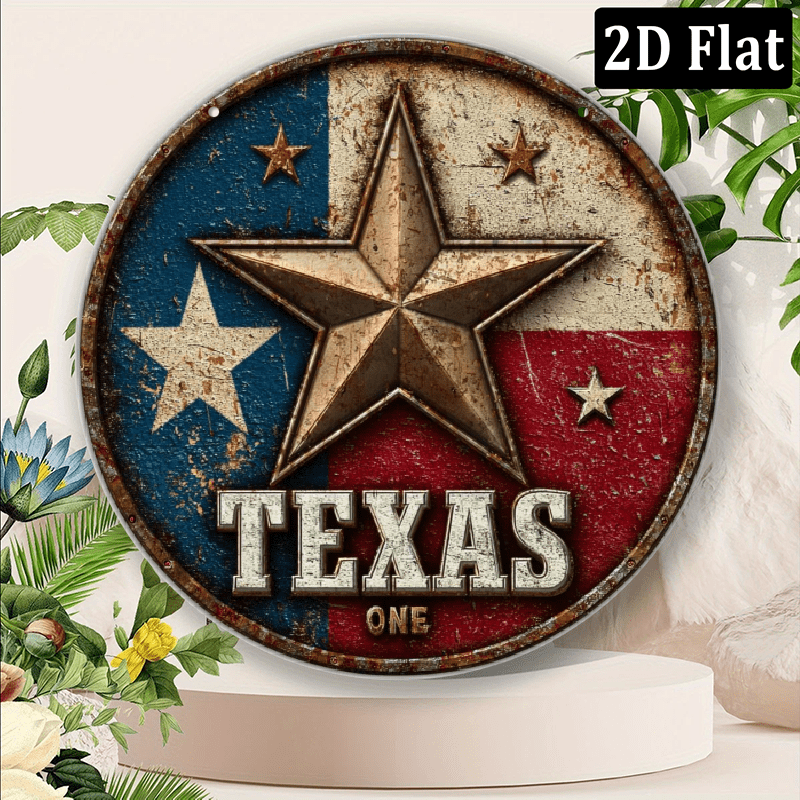 2D Flat, Texas Flag Metal Sign - Round Vintage One Star Wall Art ...