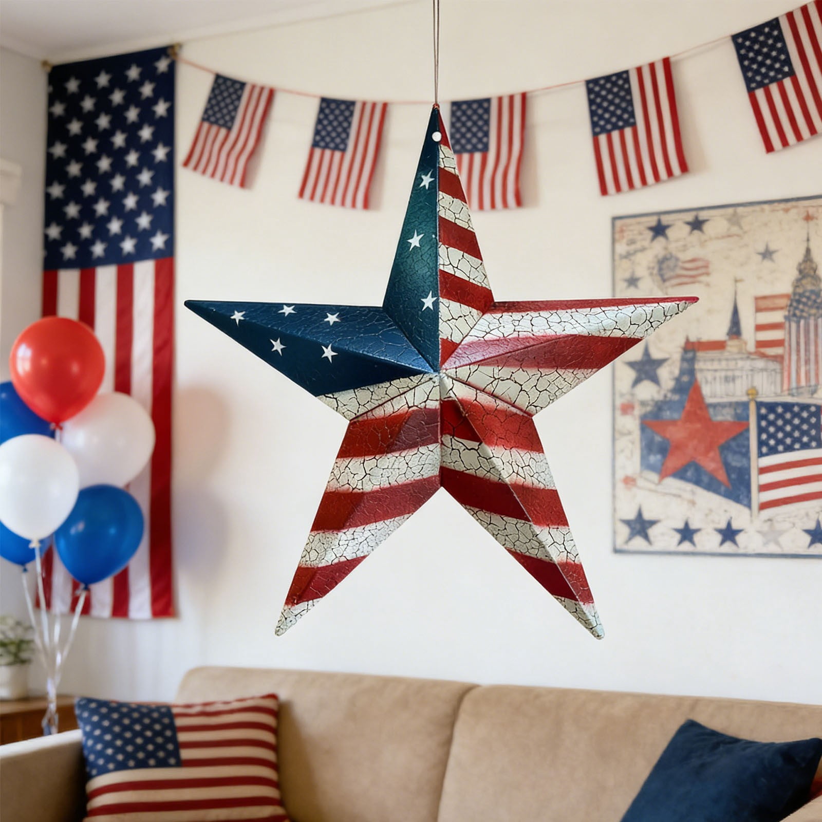 2D Flat Three Dimensional Effect Patriotic USA Flag Star Hanging ...
