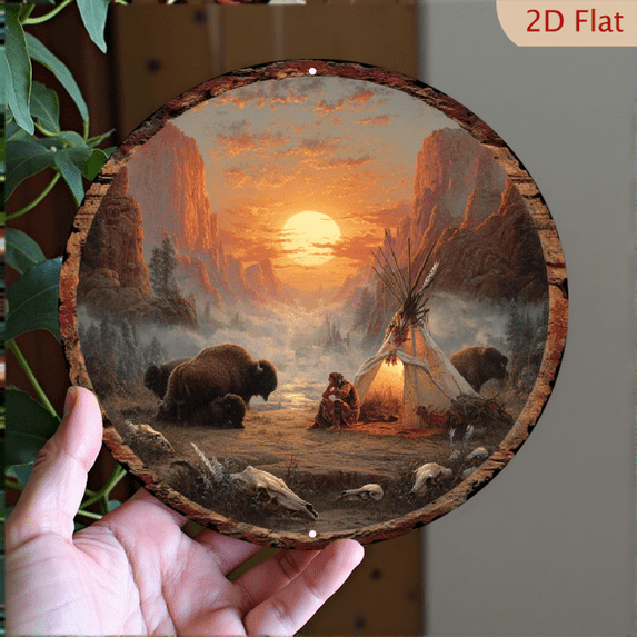 2D Flat Tribal Theme Round Metal Wall Decor, Classic Style Aluminum ...