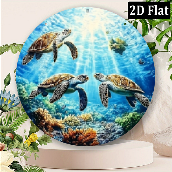 2D Flat, TurtleThemed Decoration, Vivid Underwater Scene Circular Metal ...