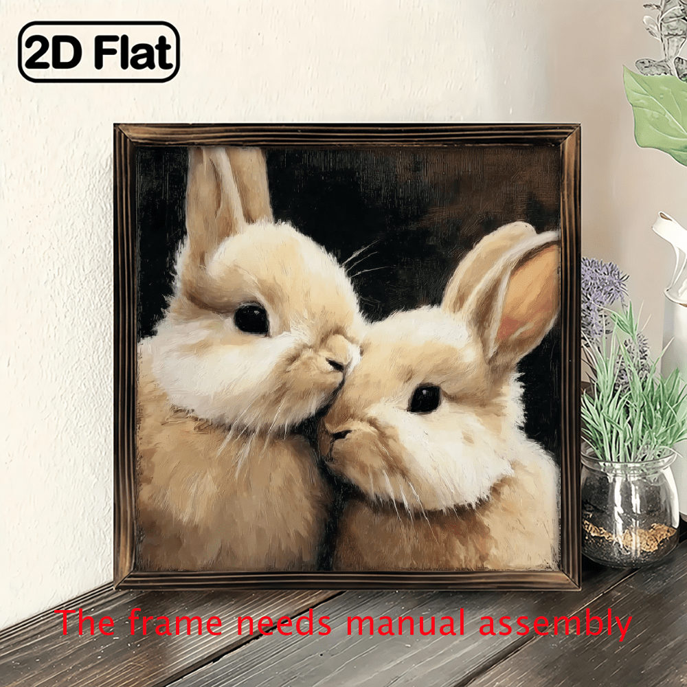 2D Flat Two Snuggling Rabbits Wooden Frame Painting Decorative ...
