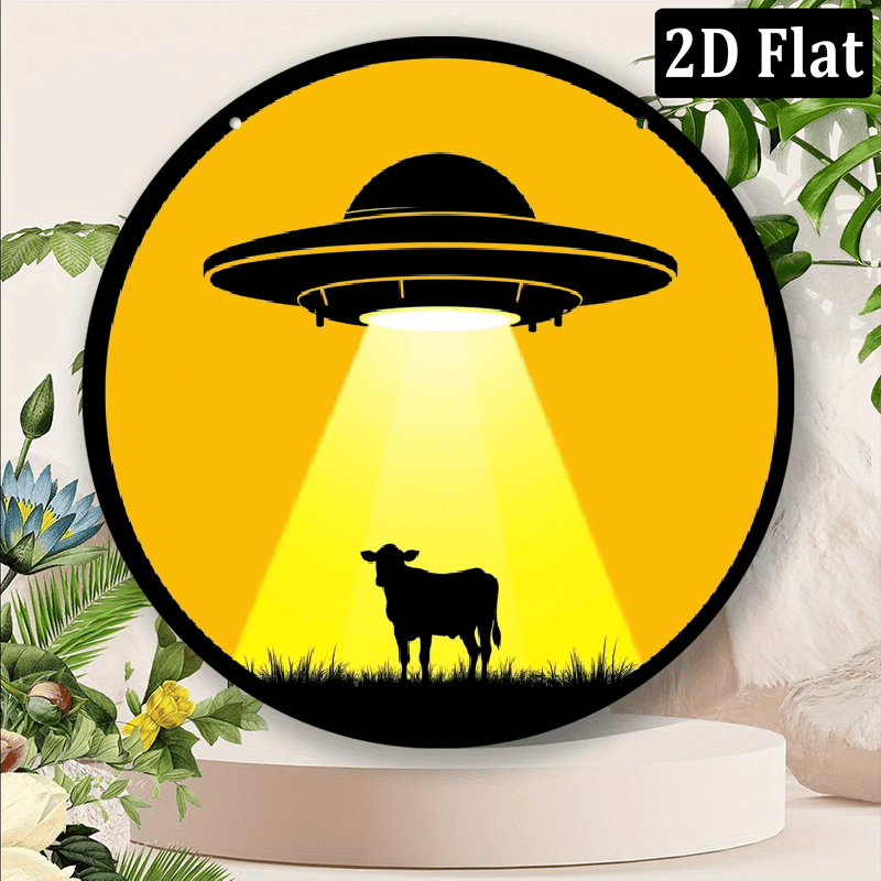 2D Flat, UFO Cow Themed Aluminum Sign - 8x8in Round, Durable Indoor ...