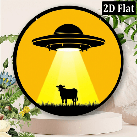 2D Flat, UFO Cow Themed Aluminum Sign - 8x8in Round, Durable Indoor ...