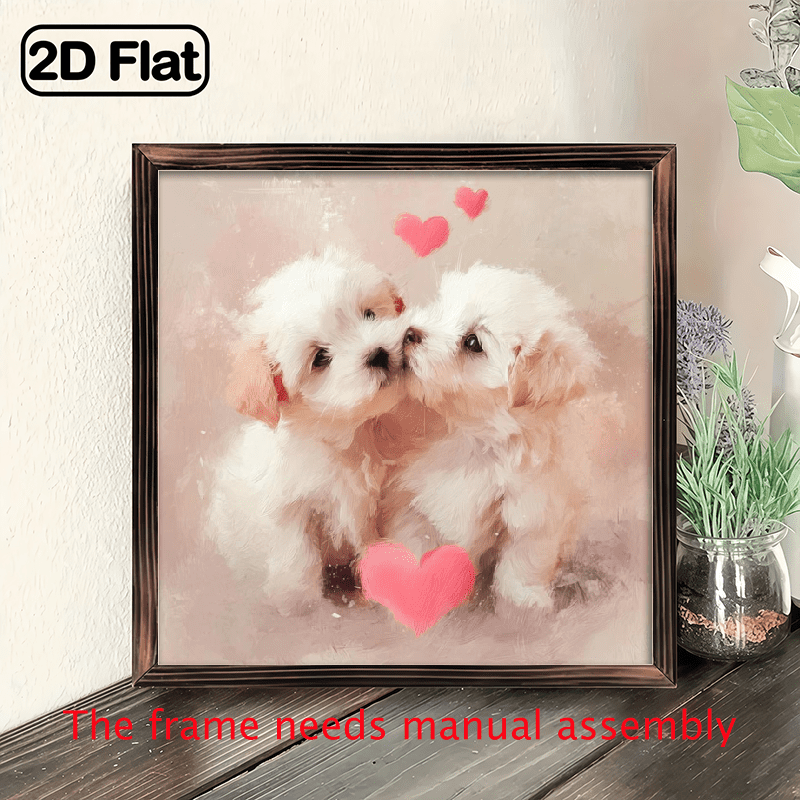 2D Flat, Valentines Day Romantic Puppy Love Wall Art Print, Two Puppies ...