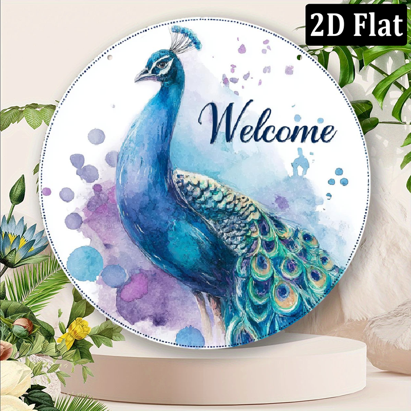 2D Flat, Vibrant Welcome Peacock 8x8in Round Aluminum Wreath Sign ...