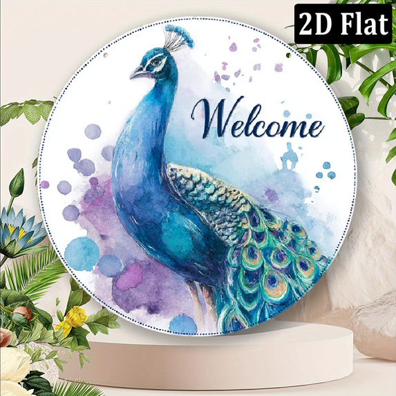 2D Flat, Vibrant Welcome Peacock 8x8in Round Aluminum Wreath Sign ...