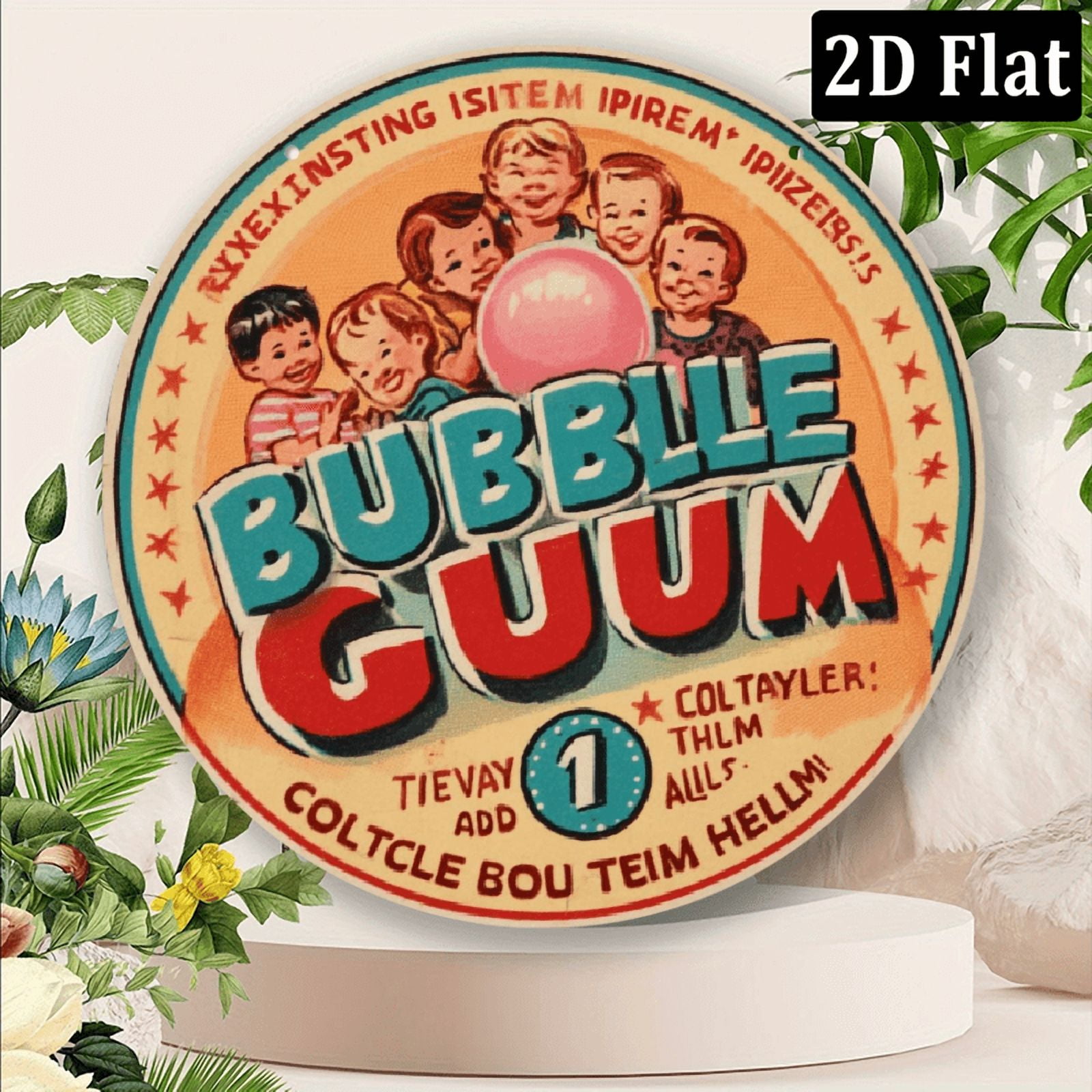 2D Flat, Vintage Bubble Gum Metal Sign, 8x8 Inch Round Iron Wall Art ...