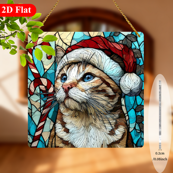 2D Flat, Vintage Christmas Cat Suncatcher with Santa Hat Candy Cane ...
