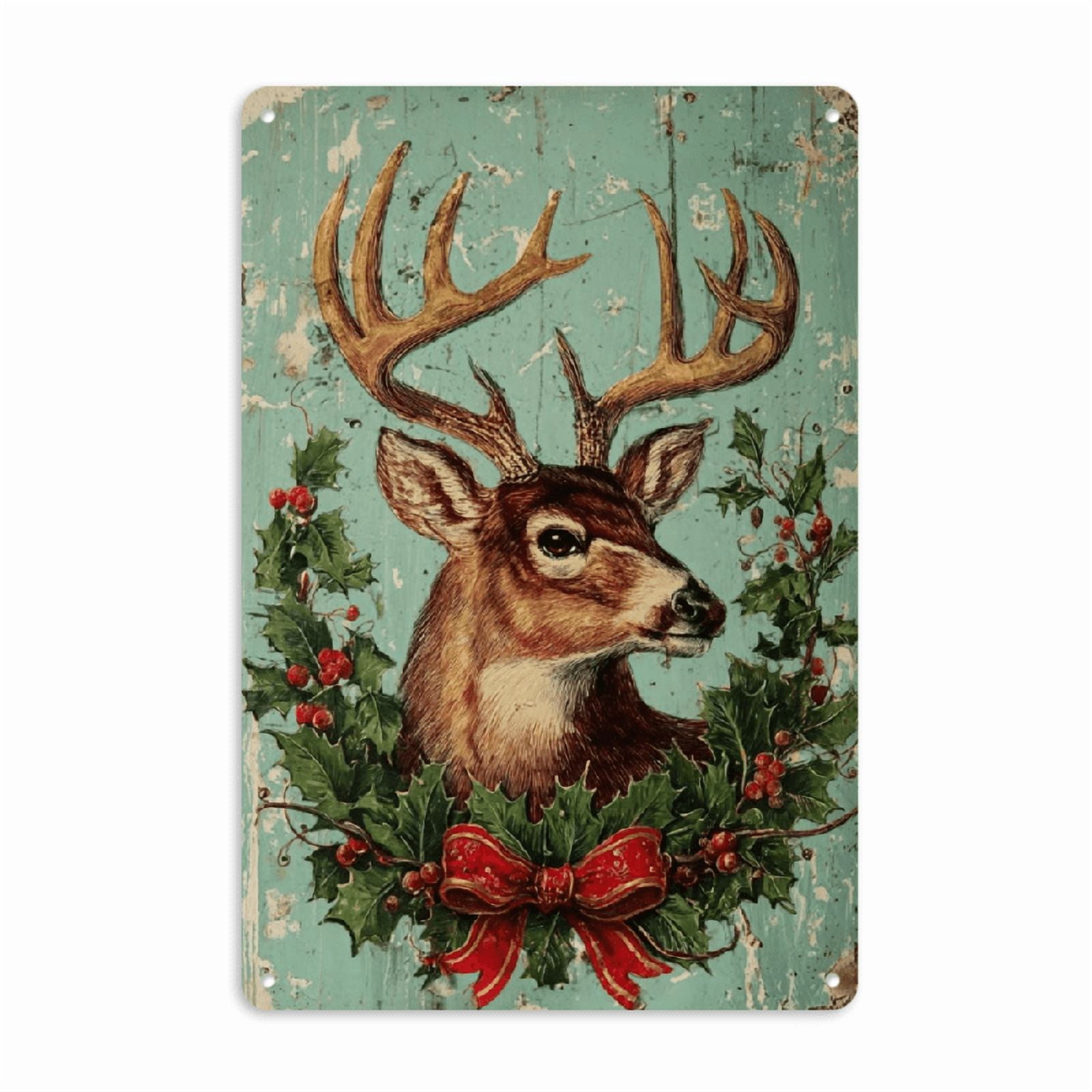 2D Flat, Vintage Christmas Deer Metal Tin Sign Wall Art, Home Decor ...