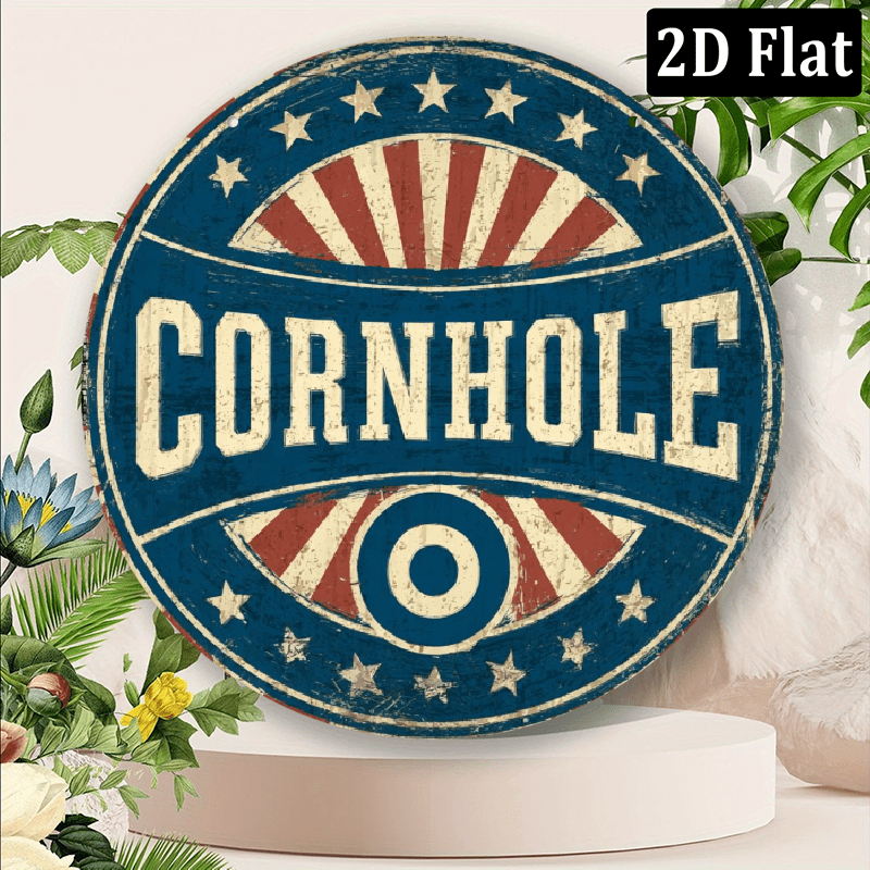 2D Flat, Vintage Cornhole Round Aluminum Sign - Retro Patriotic Wall ...