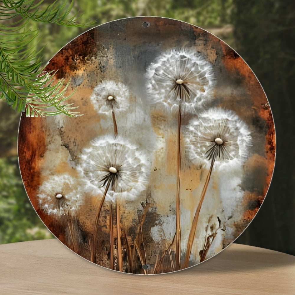 [2D Flat] Vintage Dandelion-Themed Round Aluminum Wall Art, 8x8 Inch ...