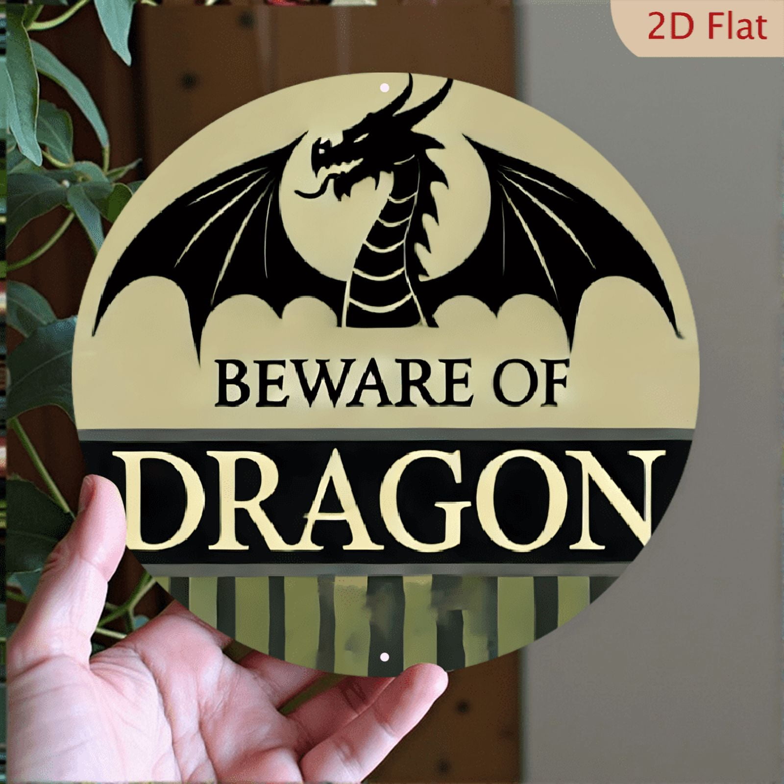 2D Flat, Vintage Dragon Warning Metal Sign - 8x8 Inch Round Aluminum ...