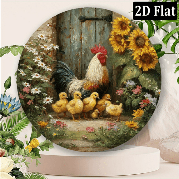 2D Flat, Vintage Farmhouse Round Wall Sign - 8x8 Inch Rustic Rooster ...