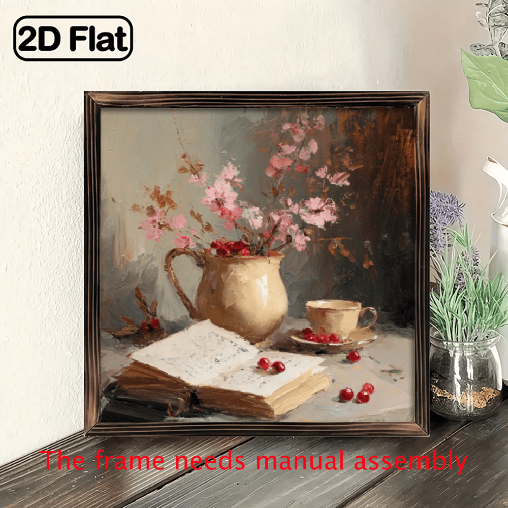 2D Flat Vintage Floral Still Life Wood Framed Sign, 1pc, 8x8 Inch ...