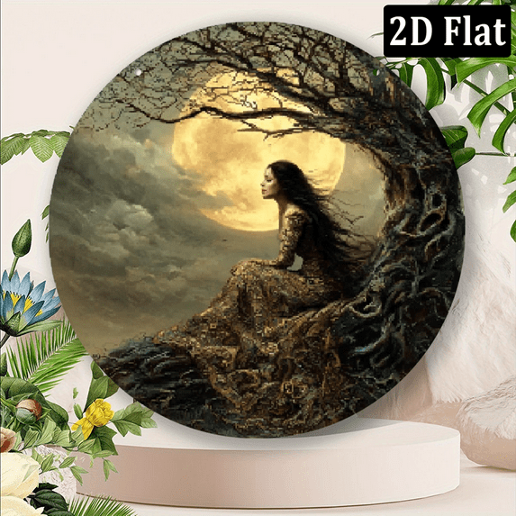 2D Flat, Vintage Goddess of the Forest Aluminum Wall Art Sign - Round Mystical Moon Tree Branch ...