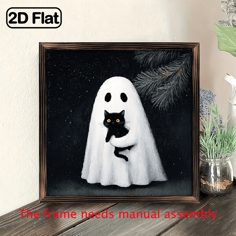 2D Flat, Vintage Halloween Decorative Sign Hugging Little Black Cat ...