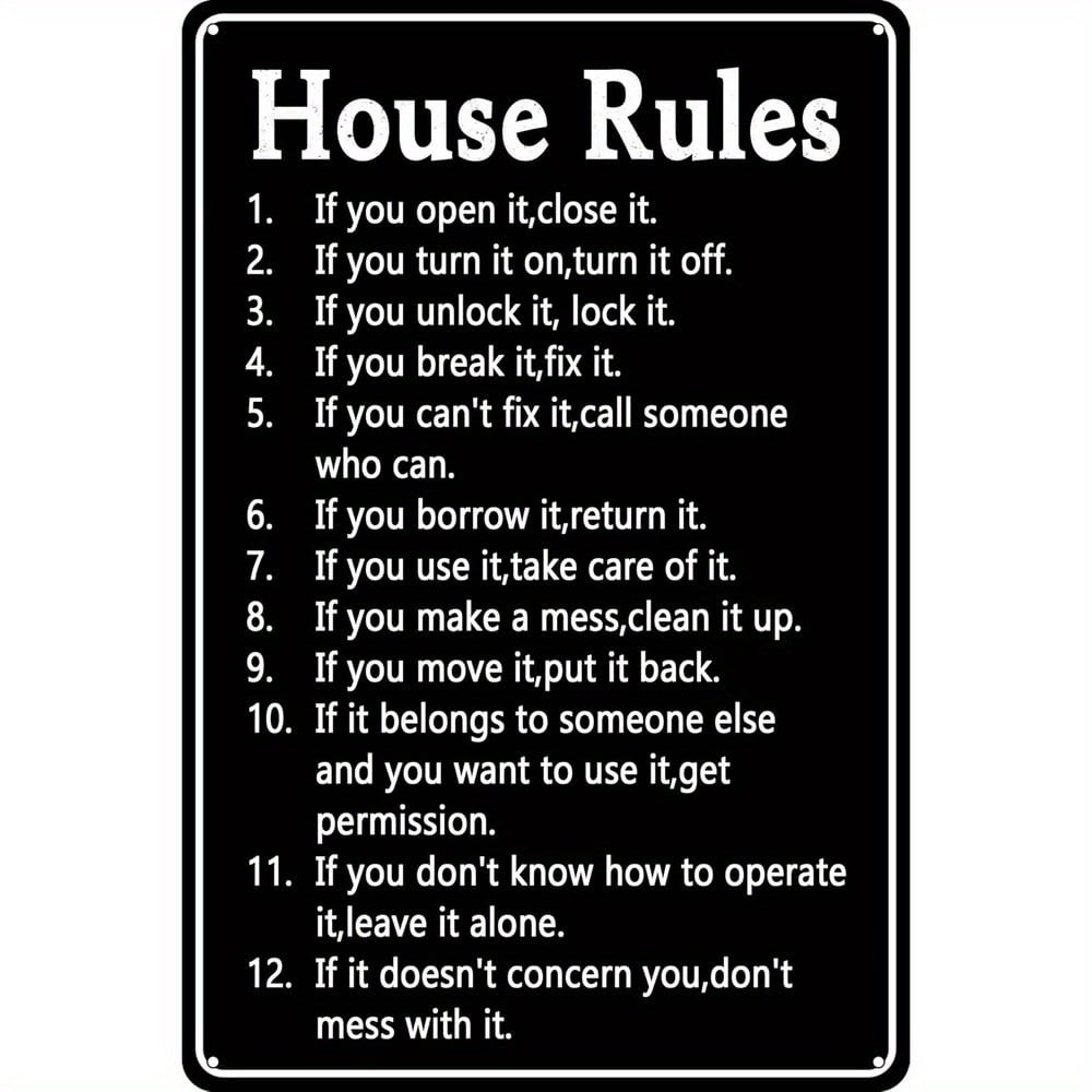 2D Flat Vintage "House Rules" Metal Sign Charming Black & White Wall ...
