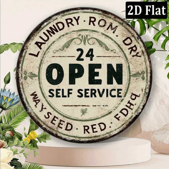2D Flat, Vintage-Inspired Round Aluminum Wall Sign - 24 Hours Open ...