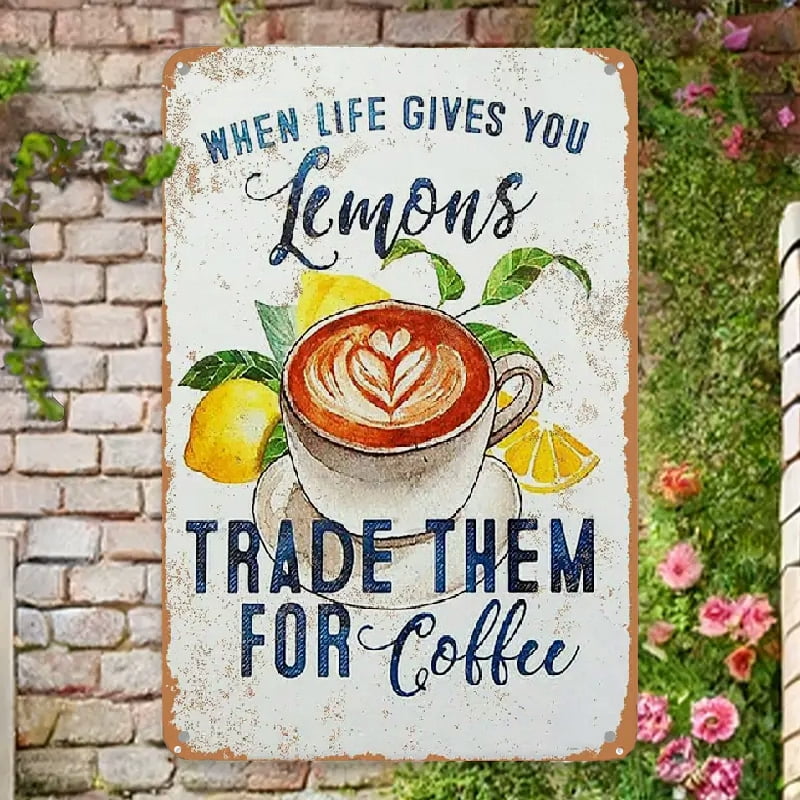 2D Flat, Vintage Lemon & Coffee Metal Sign - 8x12 Inches, Rust-Proof ...