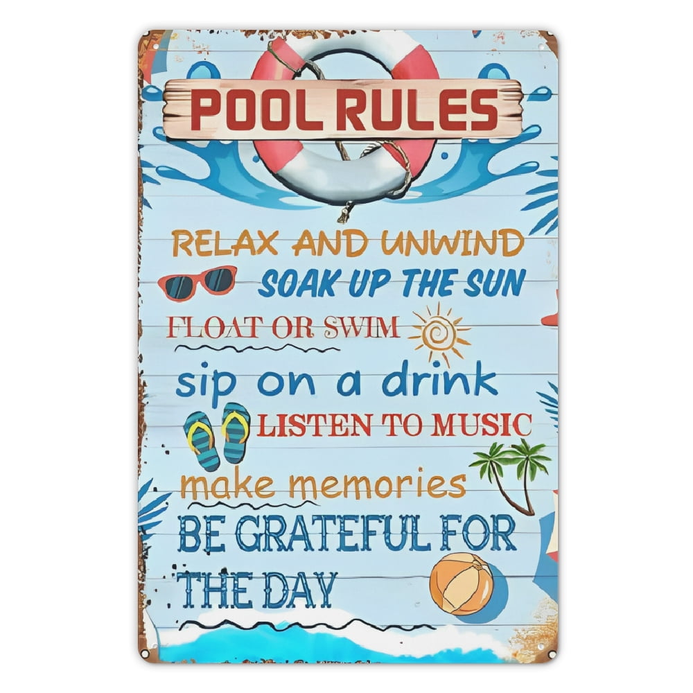 2D Flat, Vintage 'Pool Rules' Metal Sign - 8x12 Inch Antique Iron Wall ...