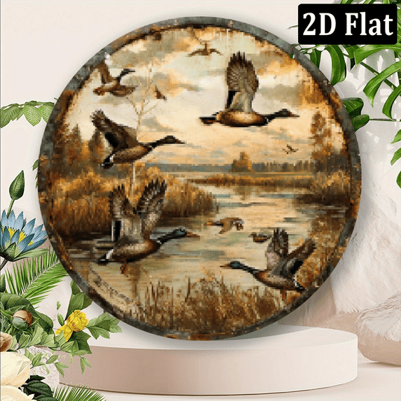 2D Flat, Vintage Round Aluminum Duck Sign, Rustic Reeds Riverside Scene ...