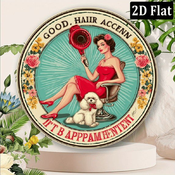2D Flat, Vintage Round Iron Hair Stylist Sign - Good Hair Isn't an ...