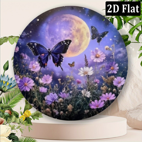 2D Flat, Vintage Round Iron Signage - Butterfly, Moon And Purple Flower ...