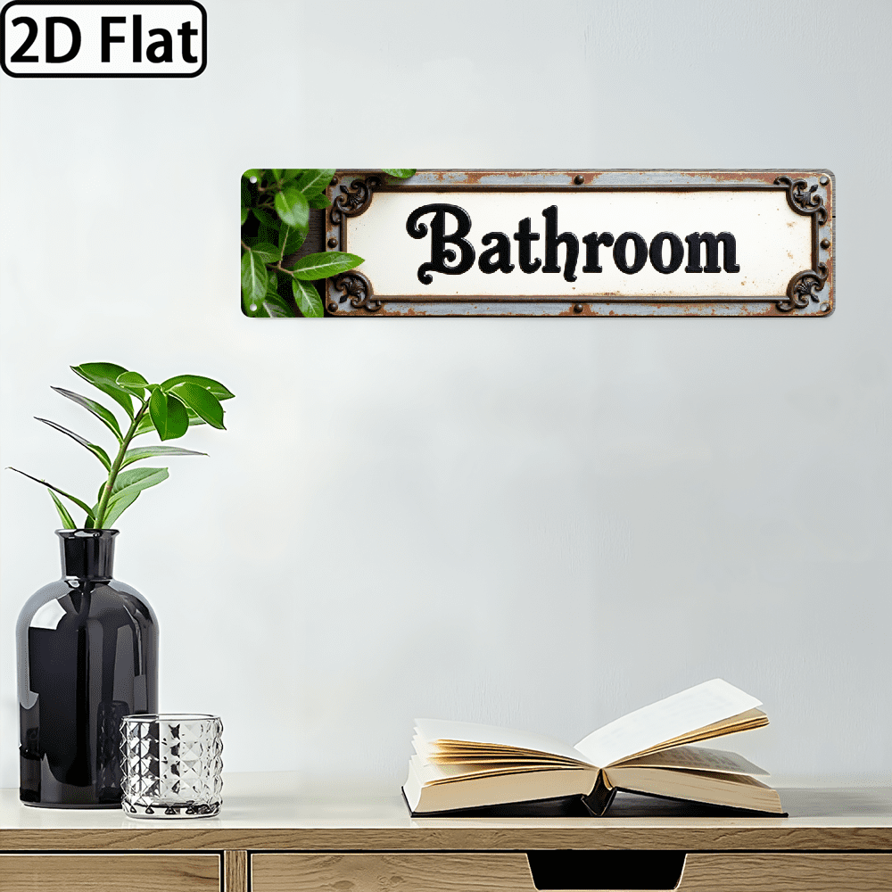 2D Flat, Vintage-Style Bathroom Aluminum Sign - 16x4inch Rustic Wall ...