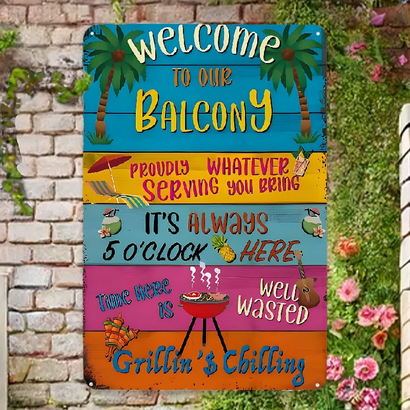 2D Flat, Vintage "Welcome to Our Balcony" Metal Tin Sign - Colorful ...